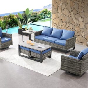 HUMMUH 7 Piece Patio Furniture Set PE Wicker Outdoor Couch,Patio Swivel Rocker Chairs and Ottomans Tables for Porch,Garden,Backyard