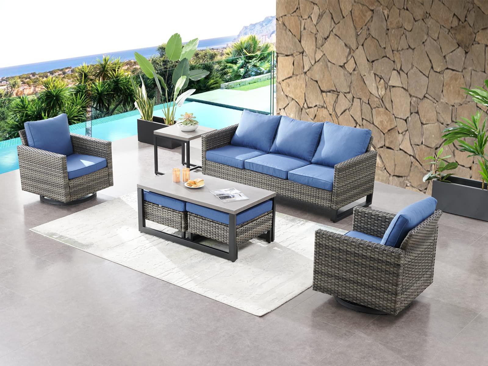 HUMMUH 7 Piece Patio Furniture Set PE Wicker Outdoor Couch,Patio Swivel Rocker Chairs and Ottomans Tables for Porch,Garden,Backyard