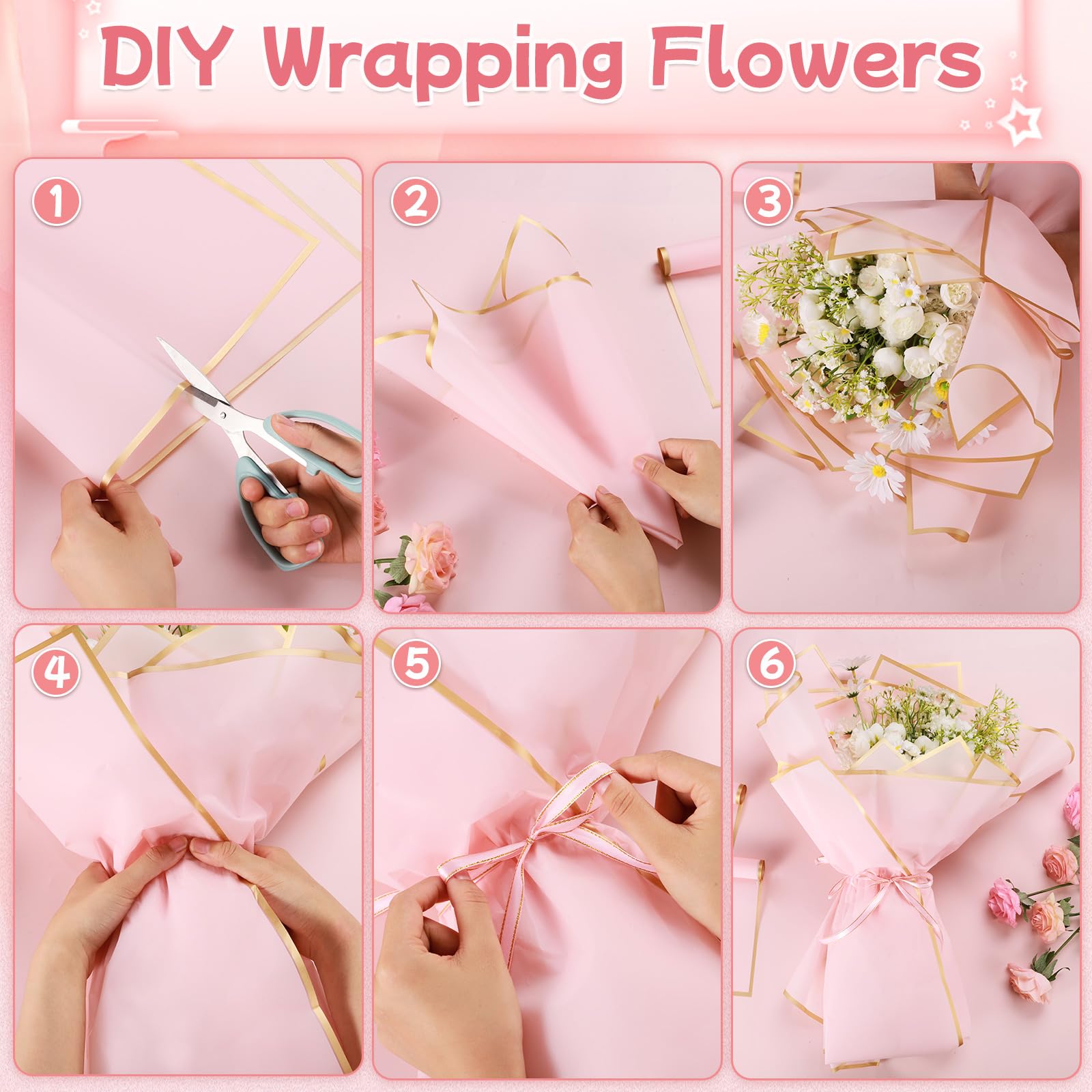 93 Pcs Flower Bouquet Wrapping Paper Kits, 20 Sheets Christmas Waterproof Floral Wrapping Paper 10 Greeting Cards 12 Gold Butterfly 50 Flower Pins 1 Roll Ribbon for Wedding Graduation Birthday