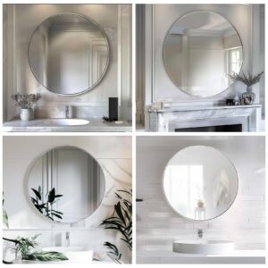 Sunniry Silver Round Mirror, Round Mirror 24 inch, Round Bathroom Mirror, Silver Circle Mirror Metal Frame, Round Mirrors for Living Room, Bathroom, Wall, Hallway.