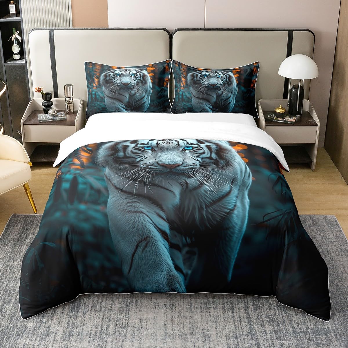 Manfei White Tiger 100% Cotton Duvet Cover(No Comforter),Mystic African Wild Animal Bedding Set with 2 Pillowcases,Jungle Botanical Trees Leaves Rustic Quilt Cover,King Size