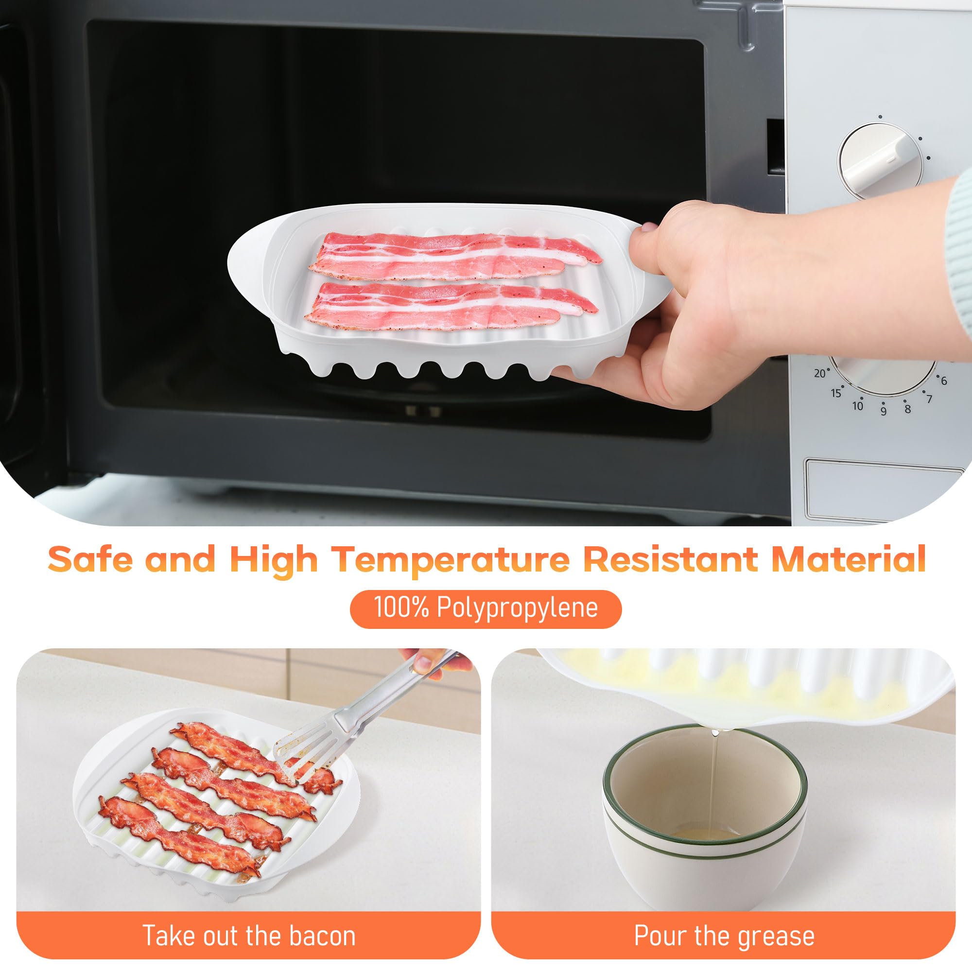 Feekoon 2 Pcs Microwave Bacon Cooker with Cover, Microwave Bacon Tray with Lid, No More Splattering, Keeps Microwave Clean, Microwave Bacon Maker, Drain Tray Design Less Fat, Dishwasher Safe(White)