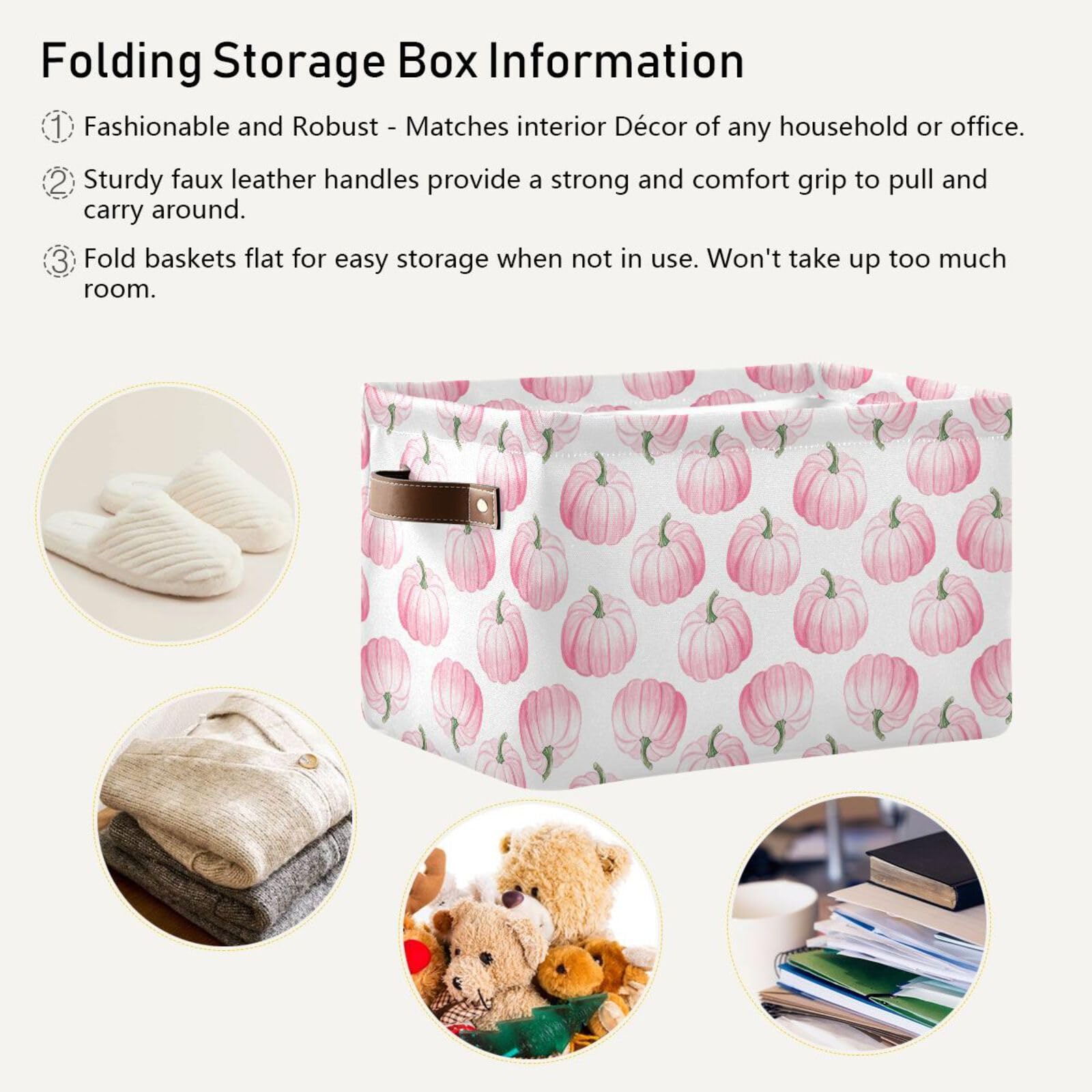 Takiito Storage Basket for Organizing Shelves, Pink Pumpkins Fabric Storage Bin with Handles for Books Toys Closet, 1 Pack