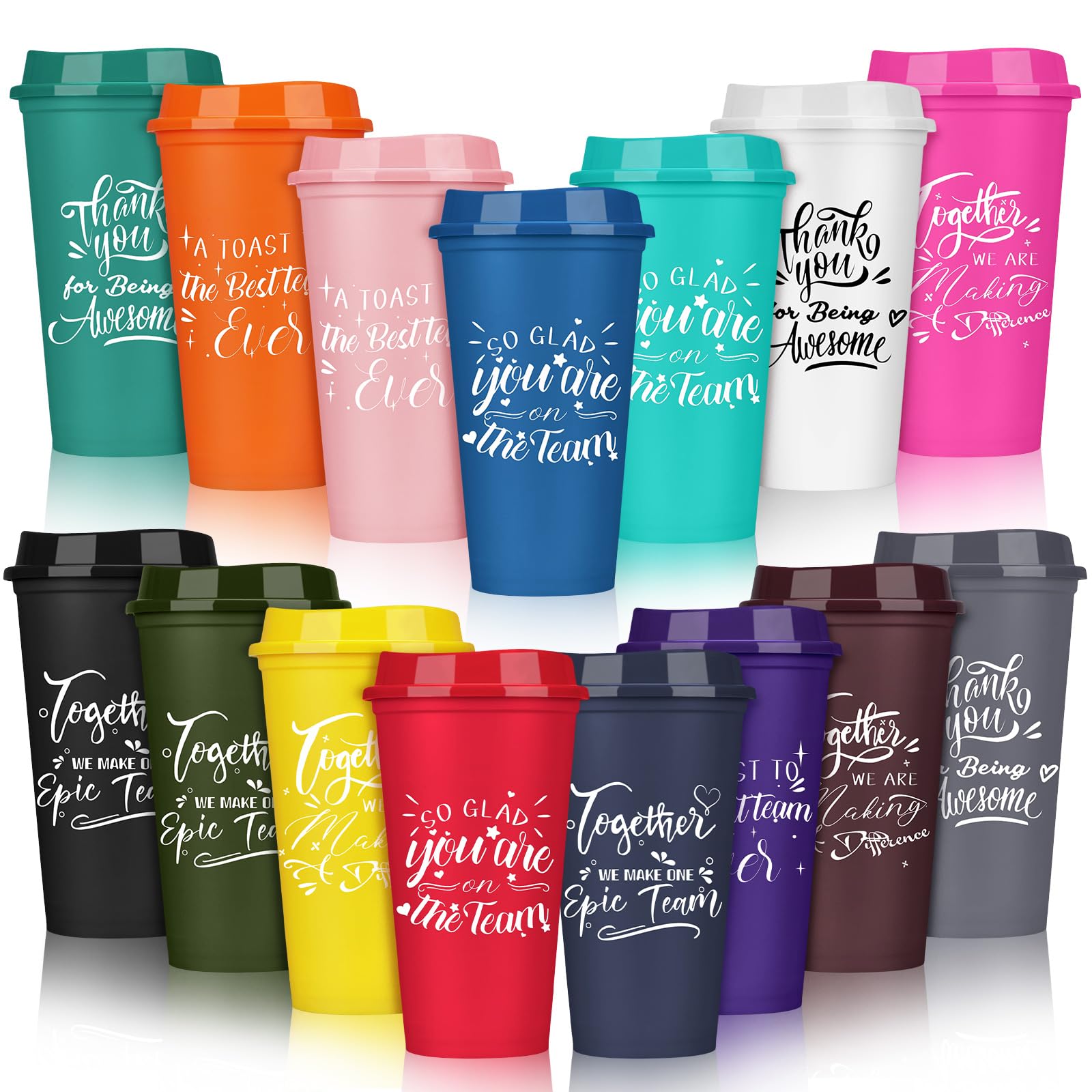 Pickmesh 15 Pcs Employee Appreciation Gift Thank You Gift for Team 16oz Plastic Coffee Cup with Lid Inspirational Tumbler Travel Mug for Coworker Staff Teacher Christmas (Colorful)