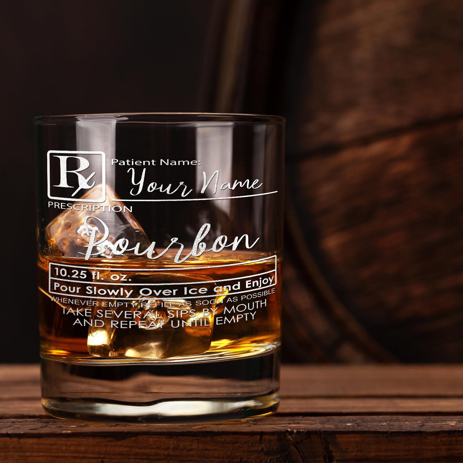 10.25 oz Custom Whiskey Glass Etched - Personalized Prescription Bourbon Glass - Old Fashioned Rocks Cocktail Glass - Gift for Men