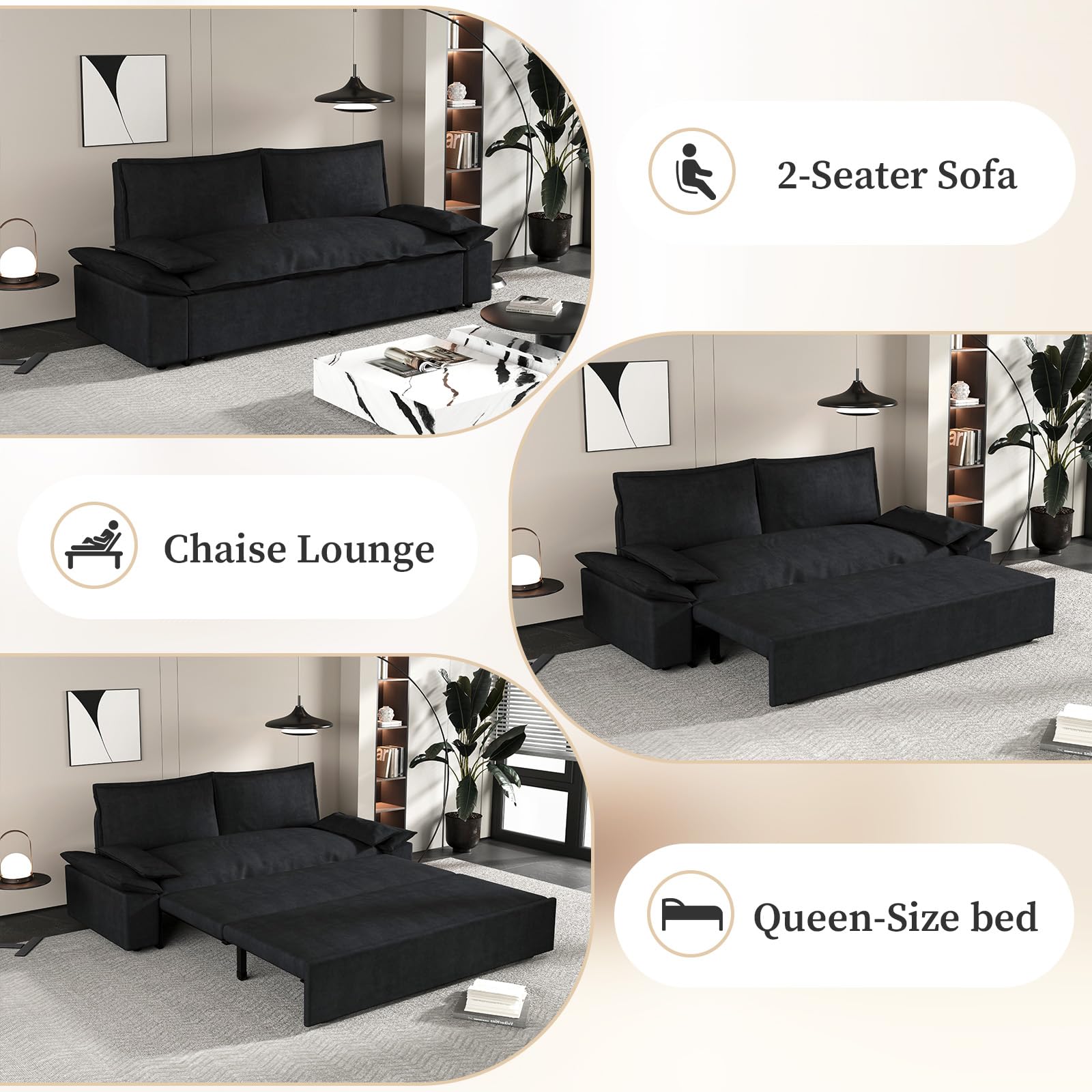 Rovibek Convertible Sofa Bed Pull Out 3 in 1 Sleeper Sofa Couch Bed Queen Size Loveseat Sleeper Chaise Lounge Futon Velvet 2 Seat for Living Room Apartment Small Space, Black