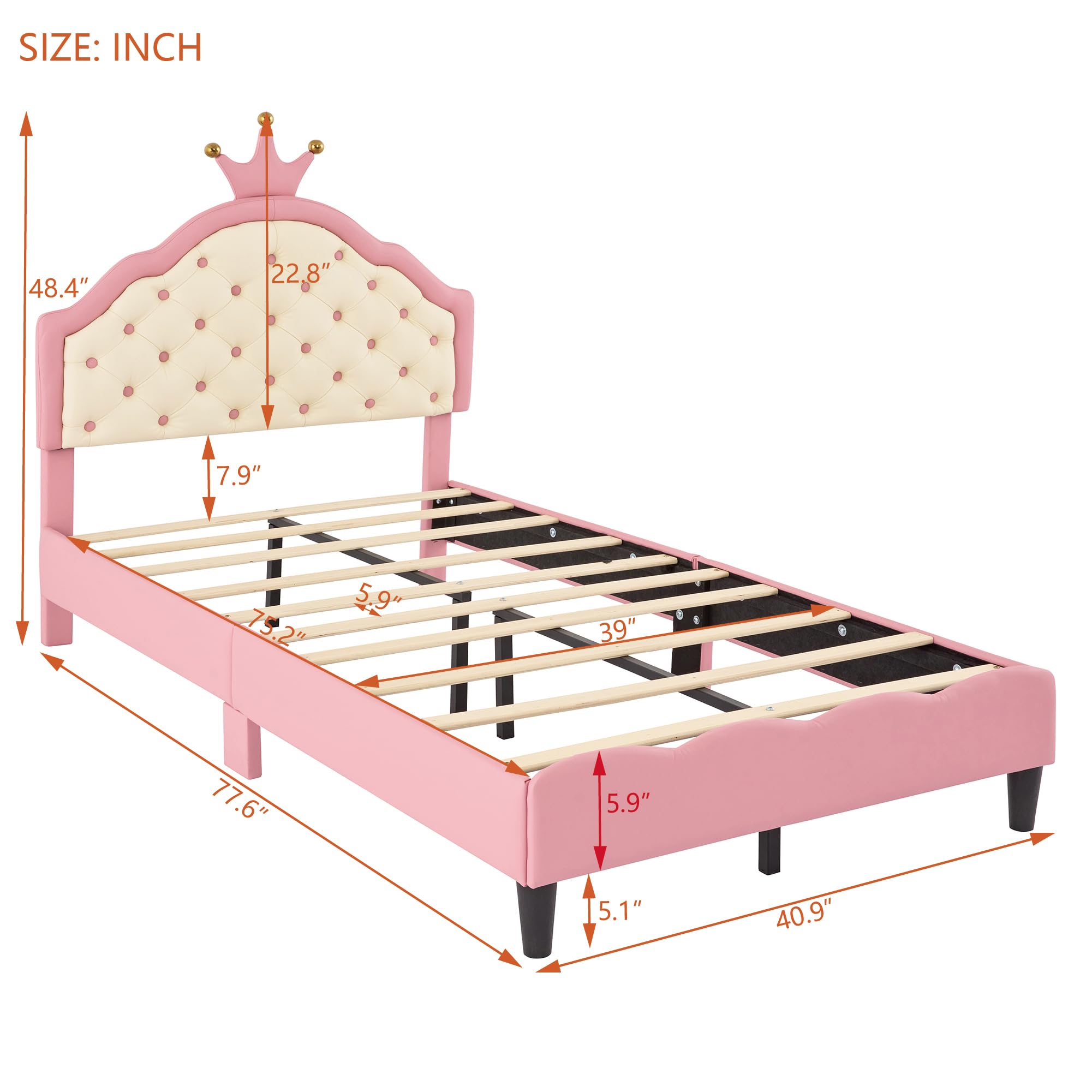 SOFTSEA Twin Upholstered Bed with Crown Headboard, Girls Princess Bed with Button Tufted Headboard, PU Leather Princess Platform Bed for Kids Girls, Easy Assembly, Pink + Whitea