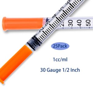 1mL 30G 1/2 Inch Syringe - 1cc 30 Gauge 12.7mm, Individually Wrapped, Pack of 25