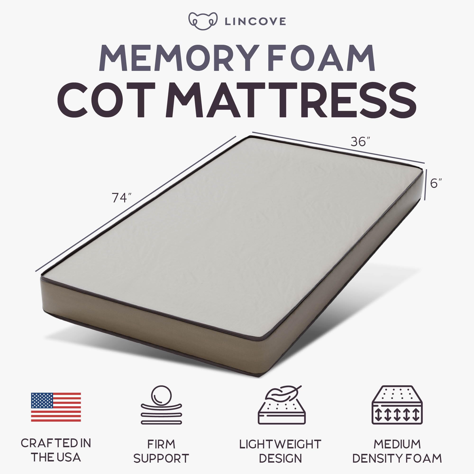 Lincove Premium 6-Inch Thick Foam Mattress with Durable Fabric Cover – Ideal for RV, Cot, Guest Bedroom - Folding Bed & Daybed - CertiPUR-US Certified –Made in USA Size: 36"x74"x6" - Color: Grey