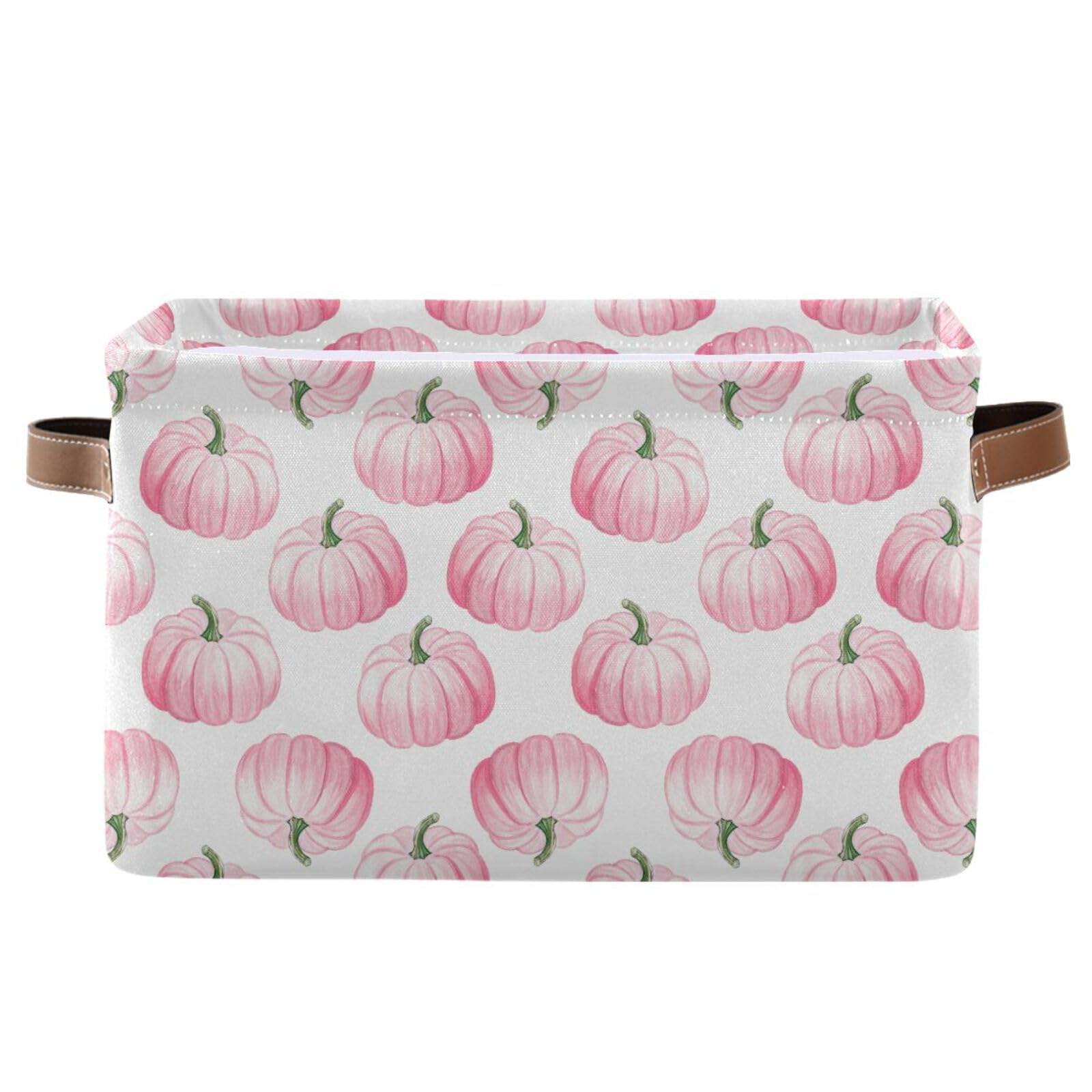 Takiito Storage Basket for Organizing Shelves, Pink Pumpkins Fabric Storage Bin with Handles for Books Toys Closet, 1 Pack