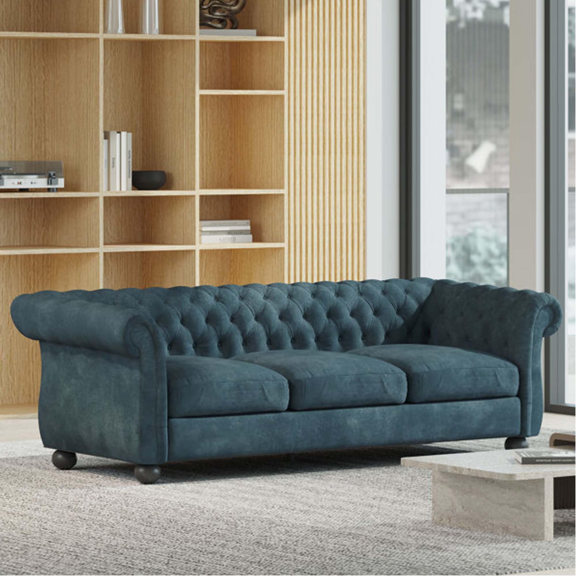 Merax 3-Seat Sofa with Wooden Legs and Tufted Backrest for Living Room, Blue