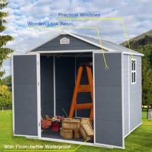 GLANZEND 8x6FT Resin Outdoor Storage Shed with Floor Foundation, Outside Garden Tool House with Side Window and Air Vent, Plastic Strong Structure for Patio Lawn, Garbage Chamber