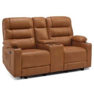 mcombo electric power loveseat recliner with console, faux leather power reclining sofa with heat and vibration, usb ports, cup holders for living room pr624 (saddle)