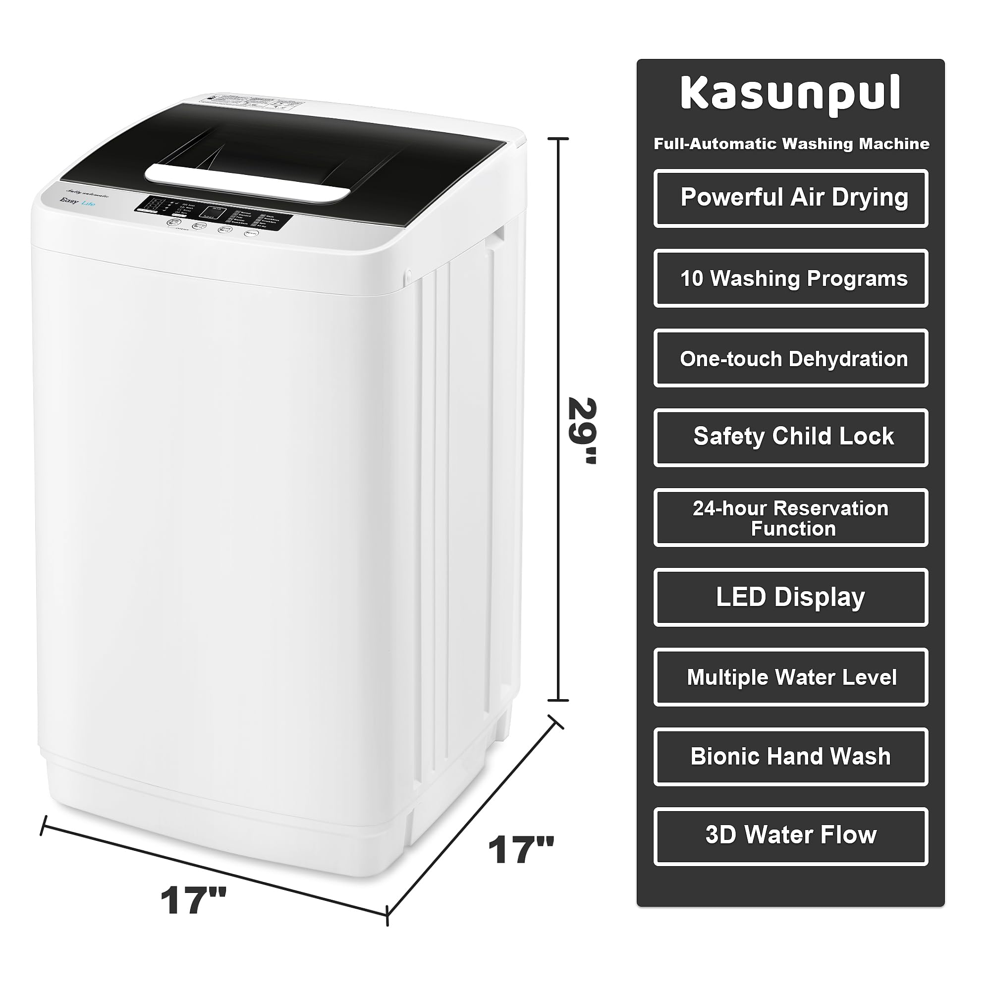 Kasunpul 0.9cu.ft Full Automatic Washer, Small Portable Washing Machine with 10 Wash Programs, Built-in Drain Pump and LED Display, Compact Laundry Washer Spinner for Apartment, RV, Dorm