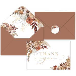 whaline 50 pack boho floral thank you cards boxed retro flower note cards with envelopes stickers fall blank cards for thanksgiving bridal shower baby shower wedding supplies, 4 x 6 inch