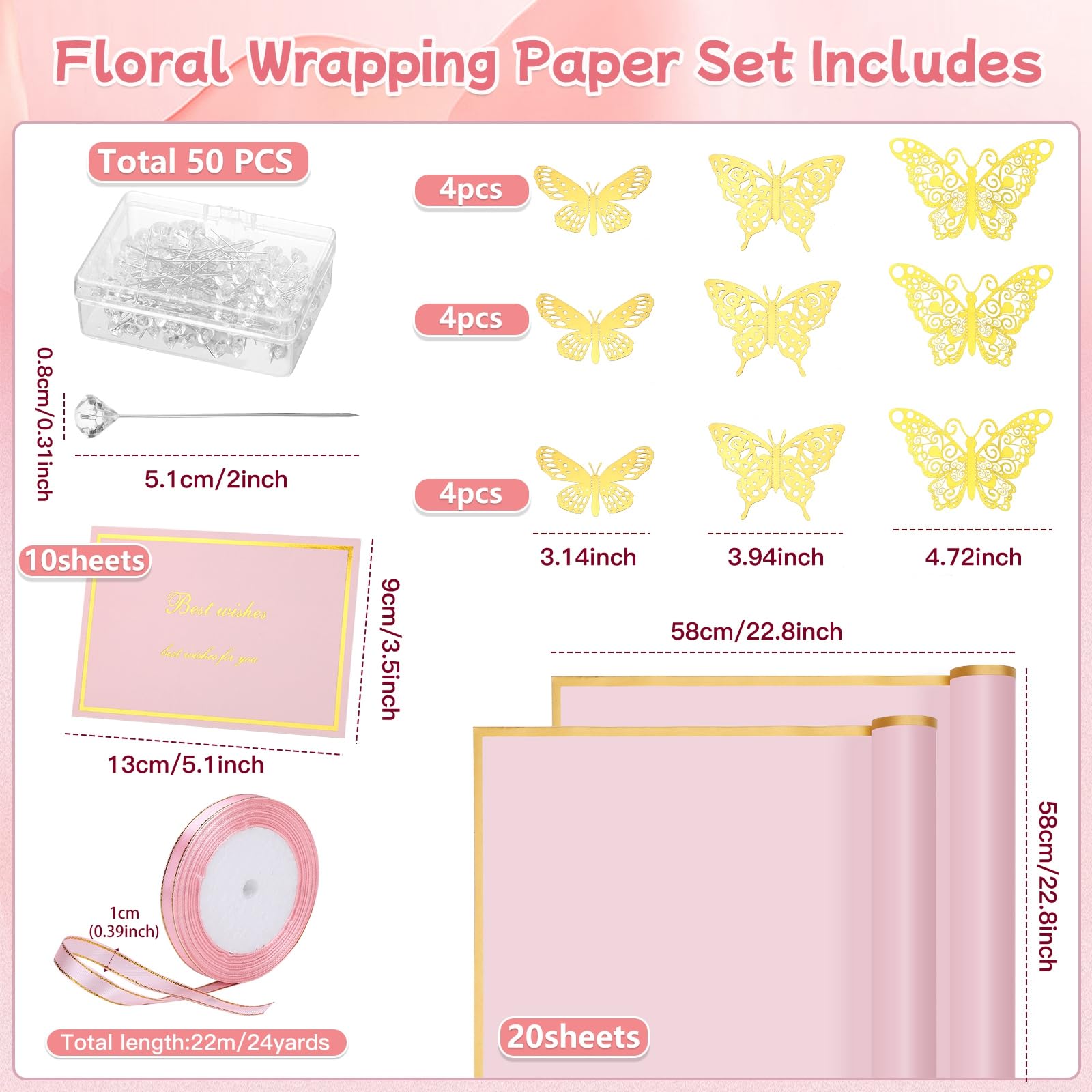 93 Pcs Flower Bouquet Wrapping Paper Kits, 20 Sheets Christmas Waterproof Floral Wrapping Paper 10 Greeting Cards 12 Gold Butterfly 50 Flower Pins 1 Roll Ribbon for Wedding Graduation Birthday