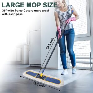 KeFanta 36" Commercial Dust Mops for Floor Cleaning,Industrial Dry Mop with Heavy Duty Long Handle,Large Cotton Reusable mop Head,for Hardwood,Tile,Concrete,Laminate,Garage Floors(Blue)