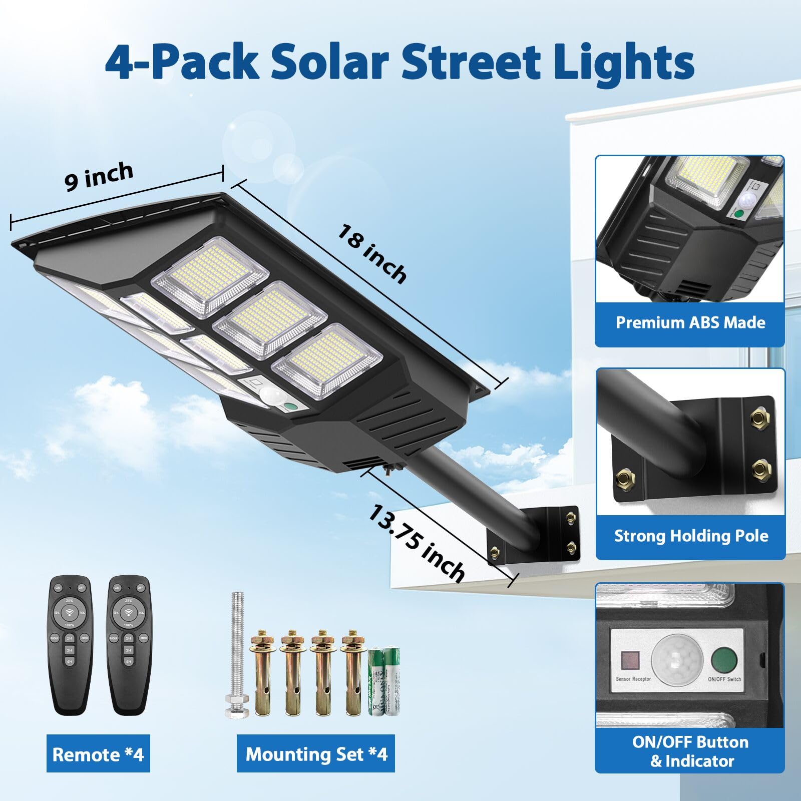 4-Pack 2000W Solar Street Lights Outdoor, 924 LEDs 12000LM Solar Lights Outdoor Motion Sensor, Waterproof Solar Parking Lot Lights Dusk to Dawn, 6500K LED Solar Flood Lights for Yard, Remote Control