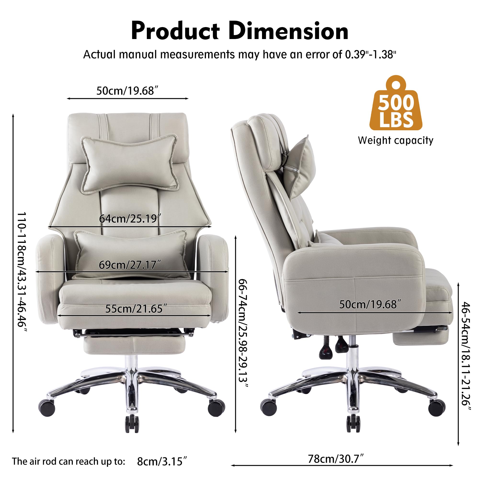 High Back Office Chair -500 LBS Big and Tall Executive Office Chair, Ergonomic Computer Desk Office Chair, Adjustable Lumbar Support, Heavy Duty Metal Base, Armrest Side with 4 Storage Bags,Light Grey