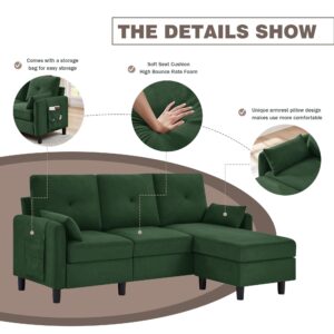 Jarenie 77" W Convertible Sectional Sofa, L Shaped Couch 3-Seat Modern Linen Couches with Reversible Chaise and Side Pockets for Living Room, Apartment, Green