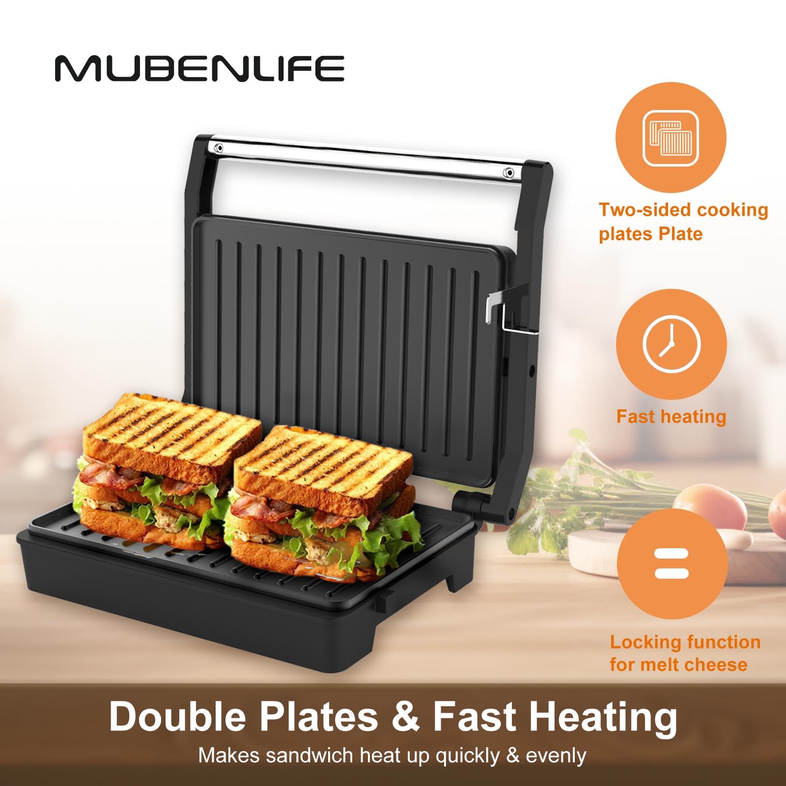 MUBENLIFE,Panini Press,Sandwich Press,Pnini Grill,Electric Indoor Grill,Perfect for Grilling Sandwich,Steak,Burger,Panini,Sausage,Non-Stick, Auto Temperature, 2 Slice, Mini Size