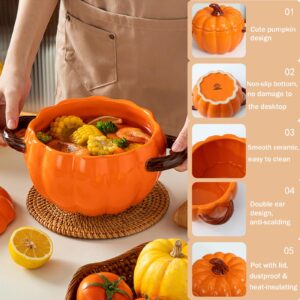 Dutch Oven Pot with Lid, 1.7 Quarts Cute Ceramic Pumpkin Bowl Mini Baking Dish, Dessert Saucepan with Double Handle, Covered Stockpot Pottery Casserole, Halloween Thanksgiving Decor (Orange)