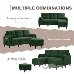 Jarenie 77" W Convertible Sectional Sofa, L Shaped Couch 3-Seat Modern Linen Couches with Reversible Chaise and Side Pockets for Living Room, Apartment, Green