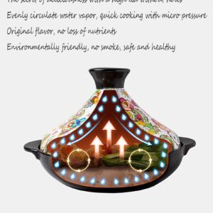 Handmade Clay Stoneware Tajine Flower Pattern Moroccan Tagine Pot Enameled Cast Iron Casserole Non Stick Saucepan Exotic Stew Pot with Lid for Cooking and Stew Casserole Slow Cooker