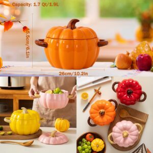 Dutch Oven Pot with Lid, 1.7 Quarts Cute Ceramic Pumpkin Bowl Mini Baking Dish, Dessert Saucepan with Double Handle, Covered Stockpot Pottery Casserole, Halloween Thanksgiving Decor (Orange)