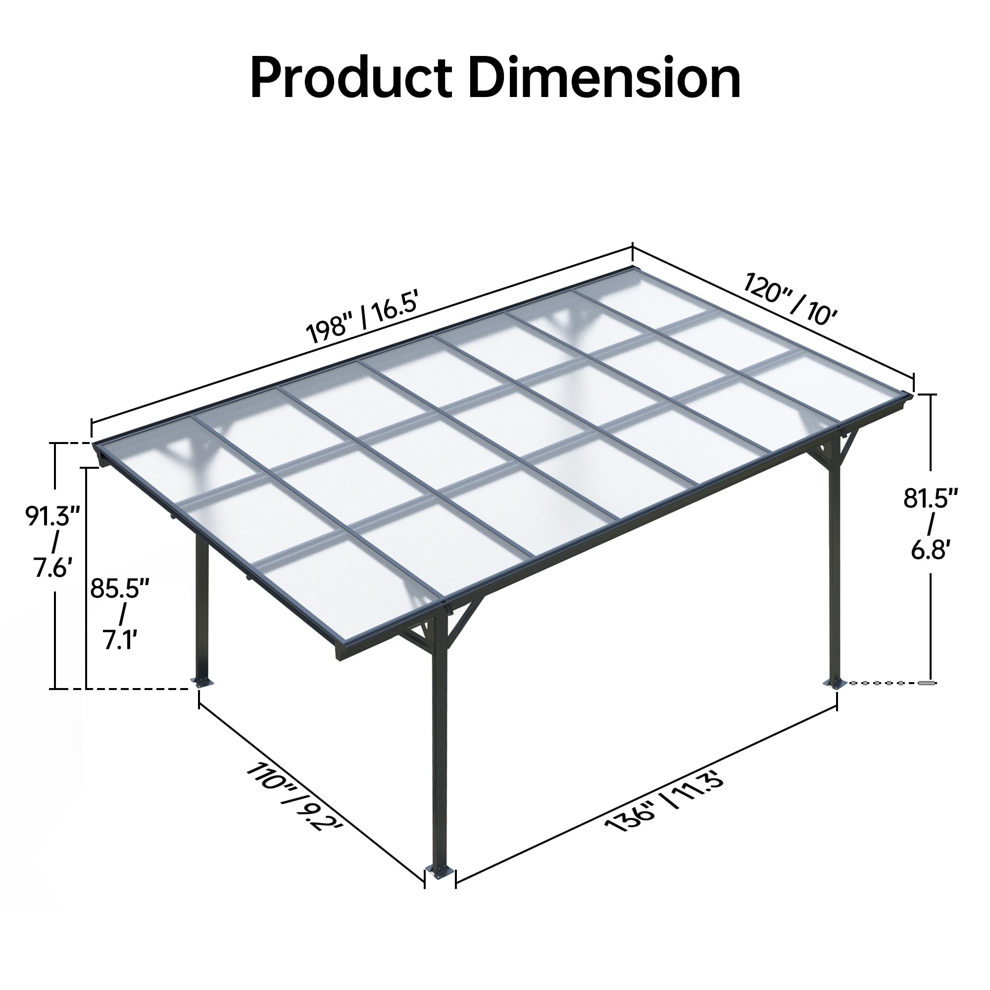 Real Relax 10 x 16ft Heavy Duty Metal Carport, Outdoor Aluminum Pitched Roof Canopy with Polycarbonate Panel for Cars, Boats & Ideal Shelter, Grey