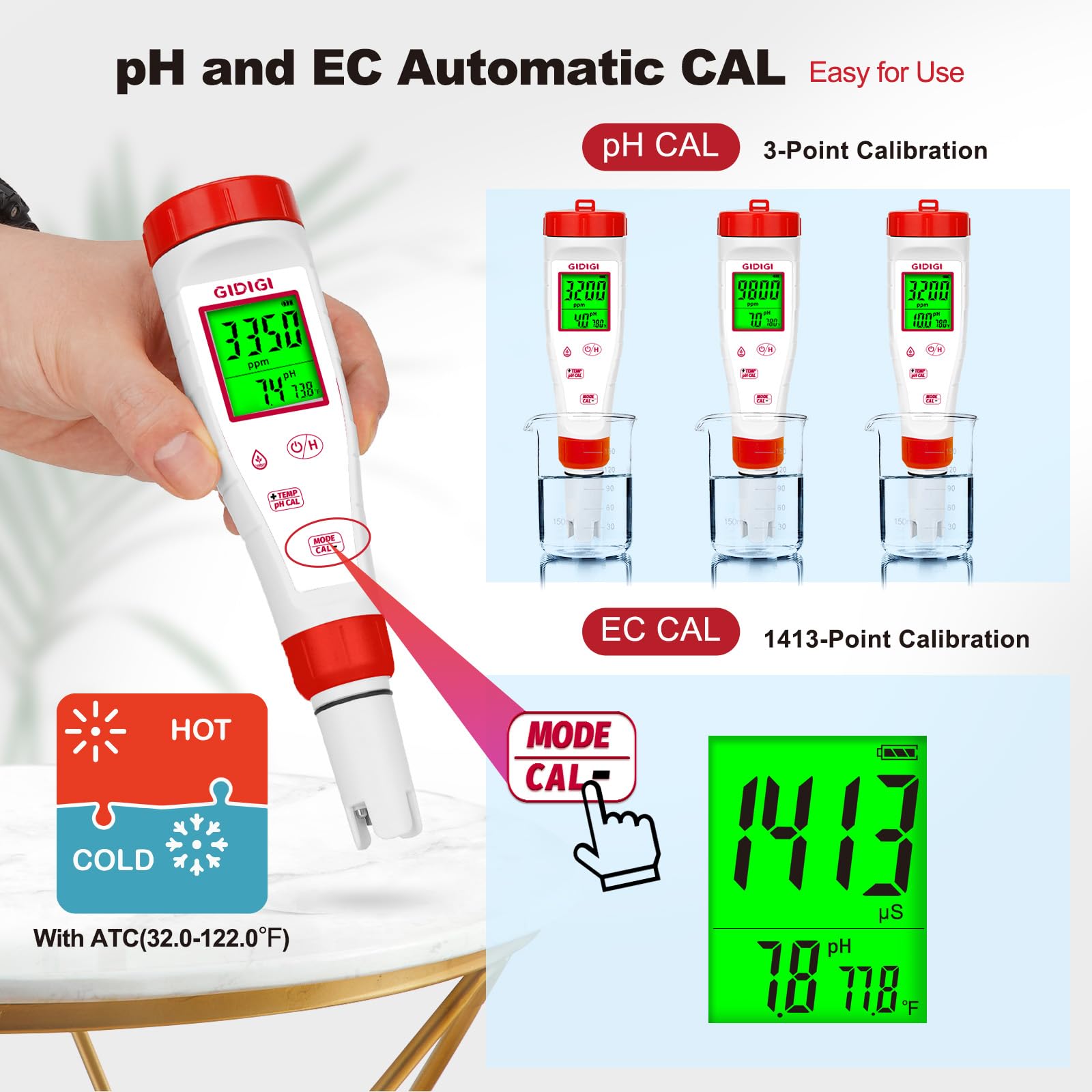 GIDIGI pH Tester,Digital pH Meter for Water,New Version TDS Meter for Drinking Water with Backlit Simultaneously Display 4 in 1 TDS pH EC Meter for Water Hydroponic Nutrient Solution,Pool,Home Use