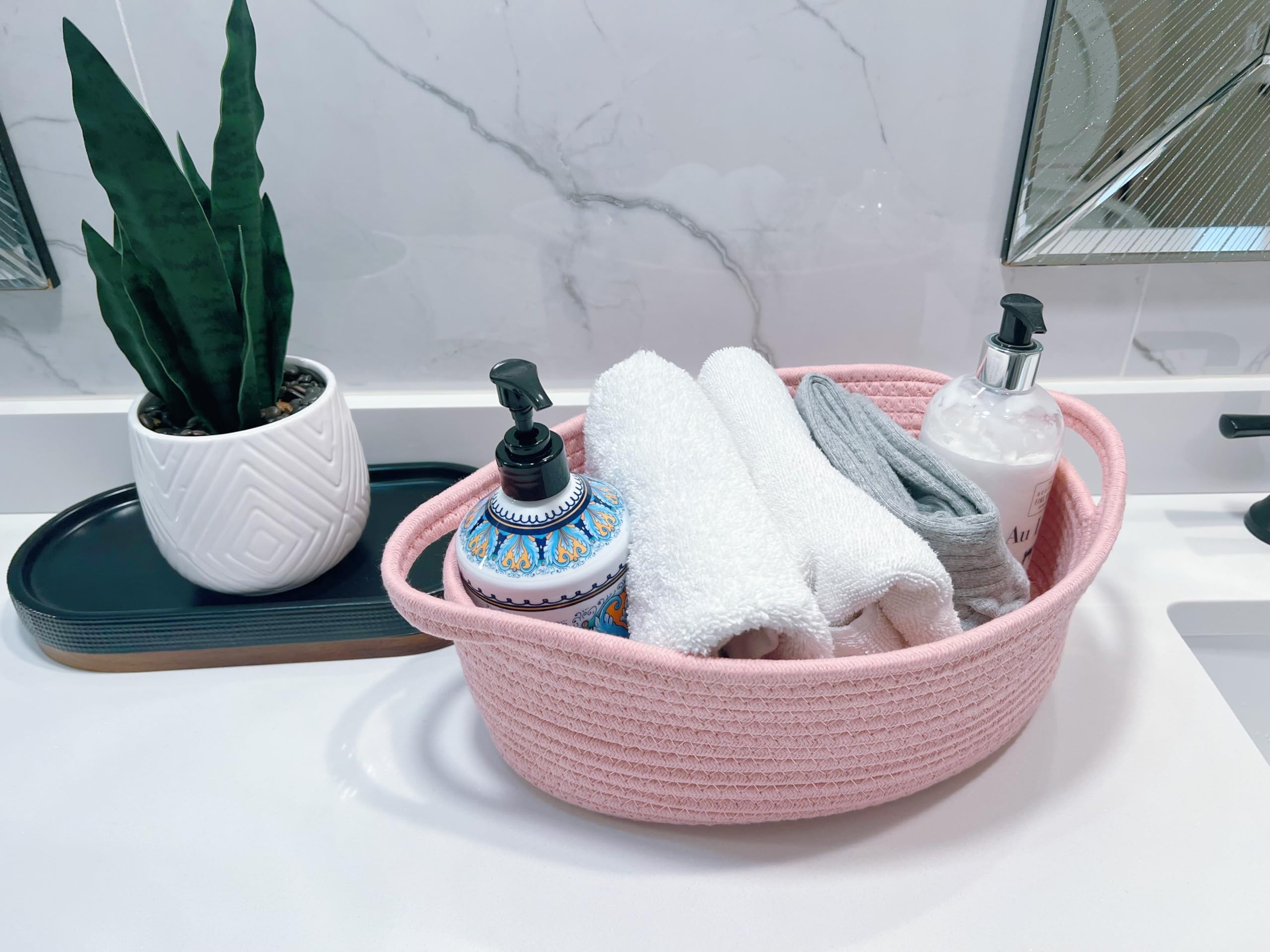 GiftExpress 2 Pack Pink Woven Basket - 13" x 8" x 5" Cotton Rope Organizing Baskets for Baby Items or Cat & Dog Toys - Cute Soft Gift Storage Bin w/ Handles