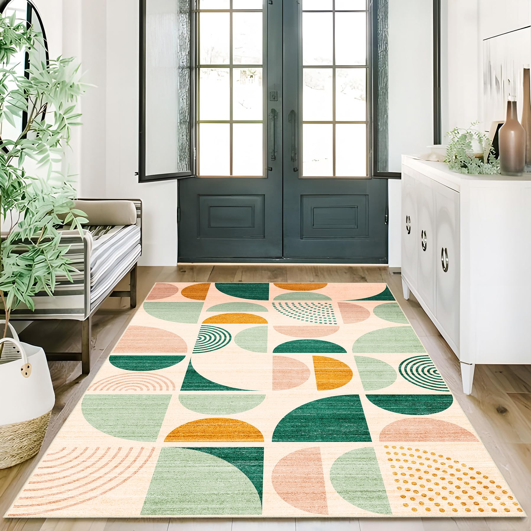 MUJOO Green Rug Boho Washable,3x5 Area Rugs for Bedroom Entryway Living Room Bedside,Small Throw Floor Carpet Non Slip Soft Indoor Modern Abstract Sage Green