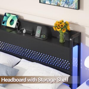 Aheaplus Headboard for Full Size Bed with USB Ports, Outlets and LED Lights, Full Headboard with Storage Shelf, Sturdy Metal Frame, Height Adjustable, Bed Frame Mount, Black