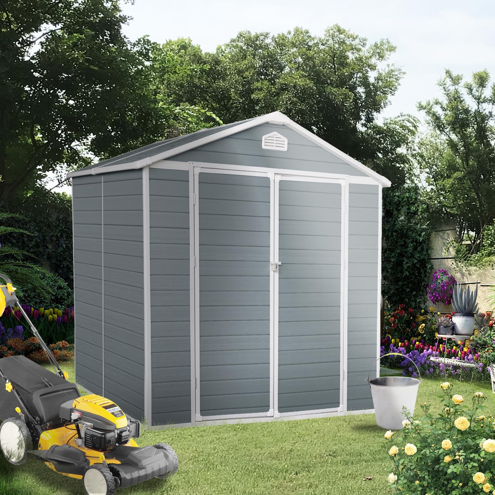 GLANZEND 8x6FT Resin Outdoor Storage Shed with Floor Foundation, Outside Garden Tool House with Side Window and Air Vent, Plastic Strong Structure for Patio Lawn, Garbage Chamber