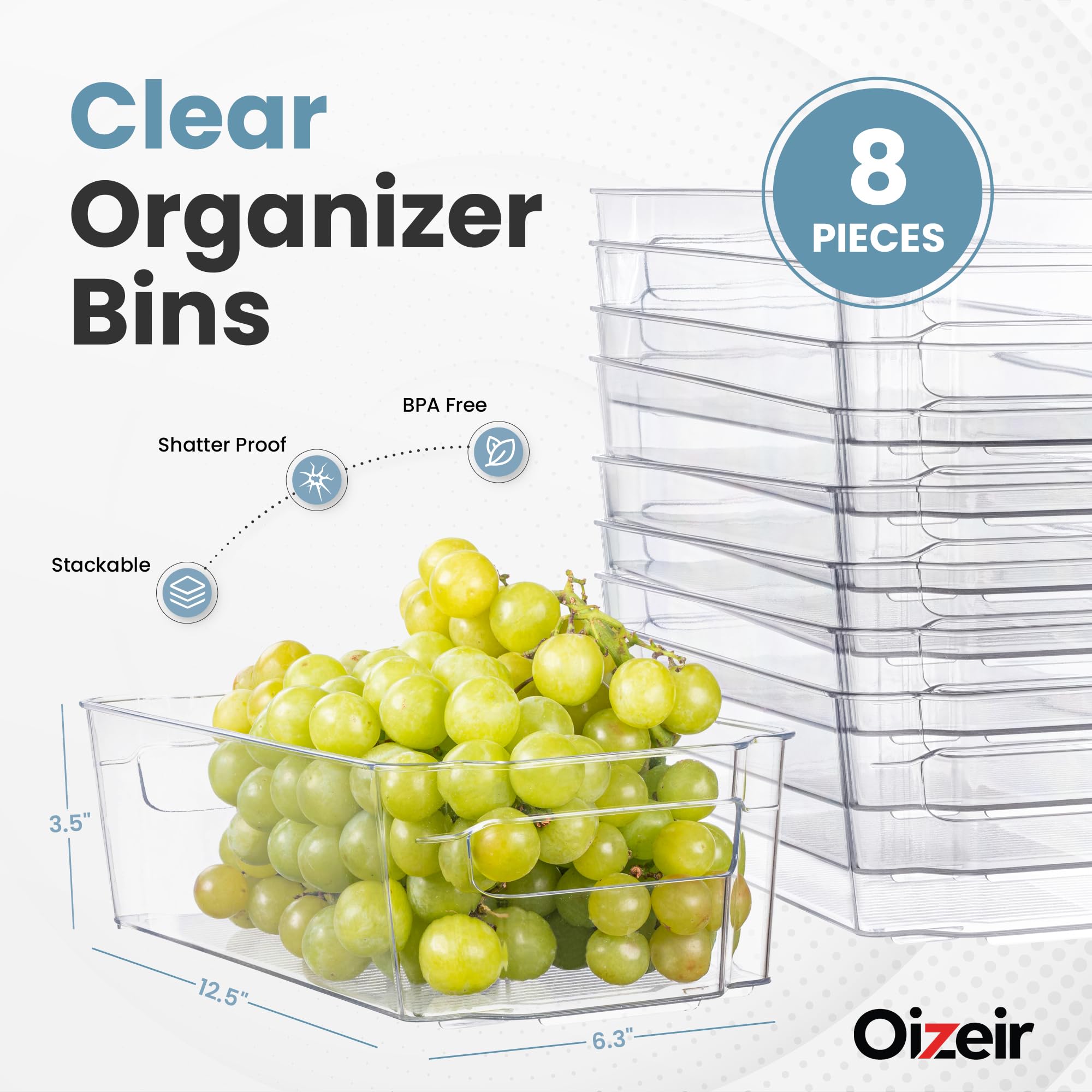 OIZEIR 8 Pack Clear Plastic Fridge Organizer Bins – Stackable Refrigerator & Pantry Storage Bins with Handles for Snacks, Freezer, Kitchen Cupboard, and Cabinet Organization