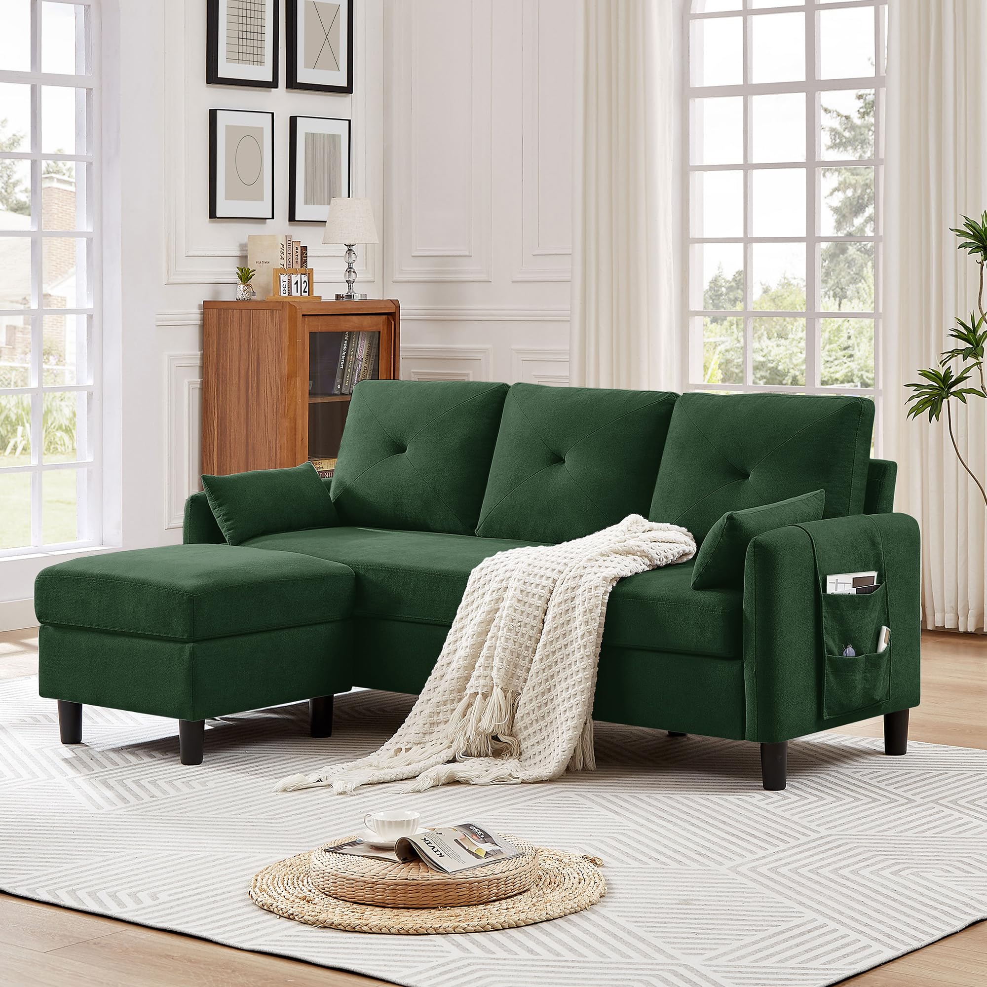 Jarenie 77" W Convertible Sectional Sofa, L Shaped Couch 3-Seat Modern Linen Couches with Reversible Chaise and Side Pockets for Living Room, Apartment, Green