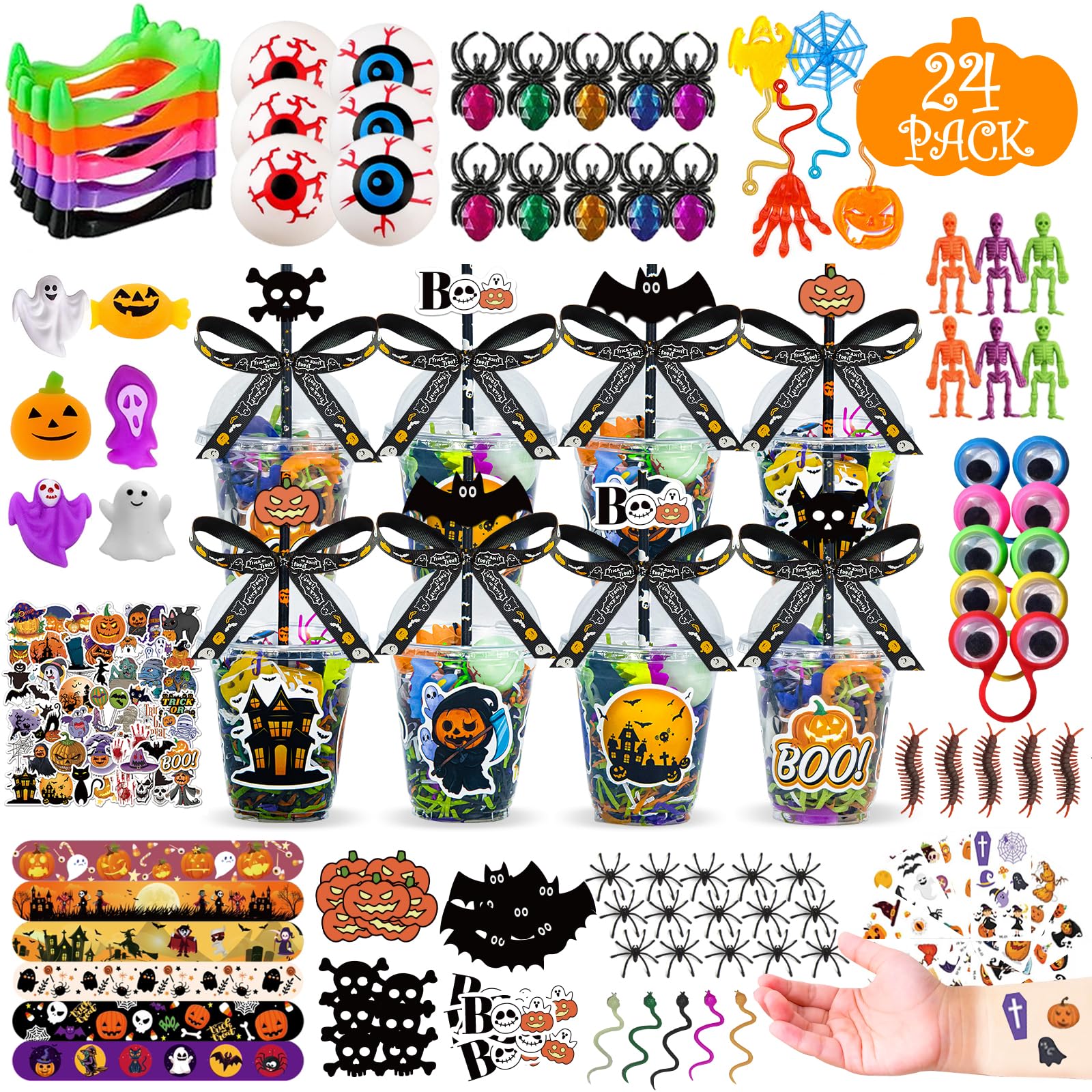 Coneatness Halloween Party Favors, 24 Pack Kids Party Cups Bulk, 292 Pcs Toys for Trick or Treat, Treat Bags Goodie Bag Stuffers Fillers Classroom Prizes Non-candy Treats