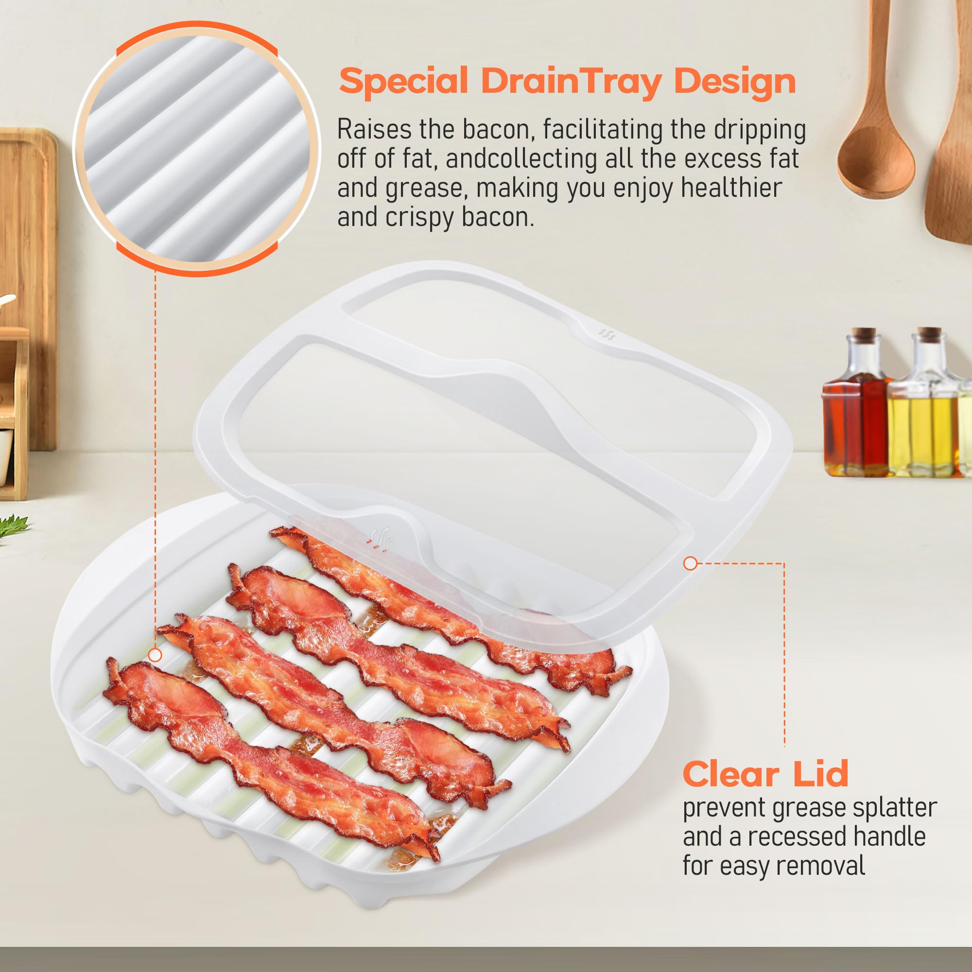 Feekoon 2 Pcs Microwave Bacon Cooker with Cover, Microwave Bacon Tray with Lid, No More Splattering, Keeps Microwave Clean, Microwave Bacon Maker, Drain Tray Design Less Fat, Dishwasher Safe(White)