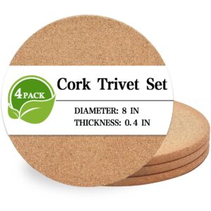 cork trivet, 4 pack high density thick cork coasters set for hot dishes, 8 inch heat resistant multifunctional cork trivets for hot dishes, hot pads for kitchen, table, countertops