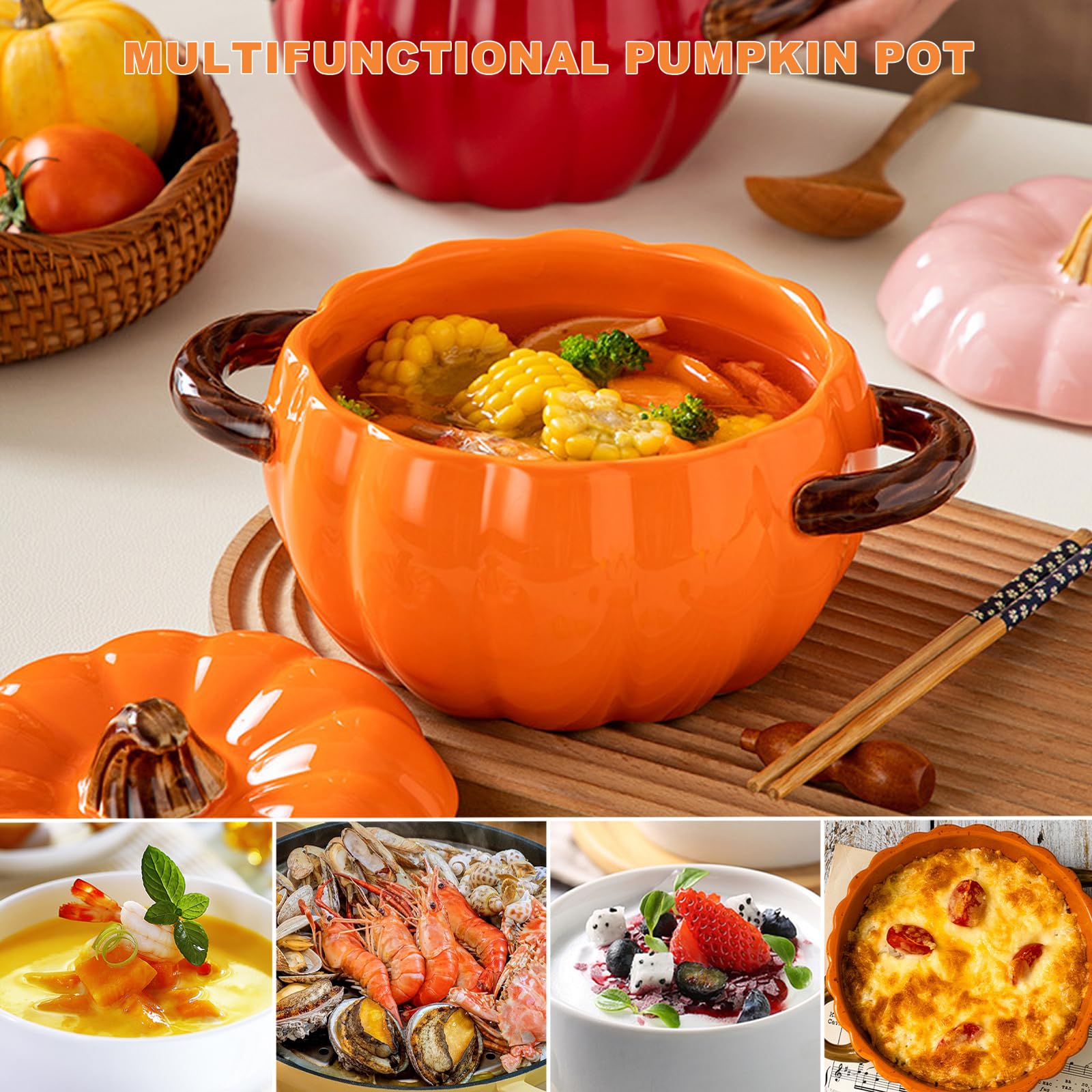 Dutch Oven Pot with Lid, 1.7 Quarts Cute Ceramic Pumpkin Bowl Mini Baking Dish, Dessert Saucepan with Double Handle, Covered Stockpot Pottery Casserole, Halloween Thanksgiving Decor (Orange)