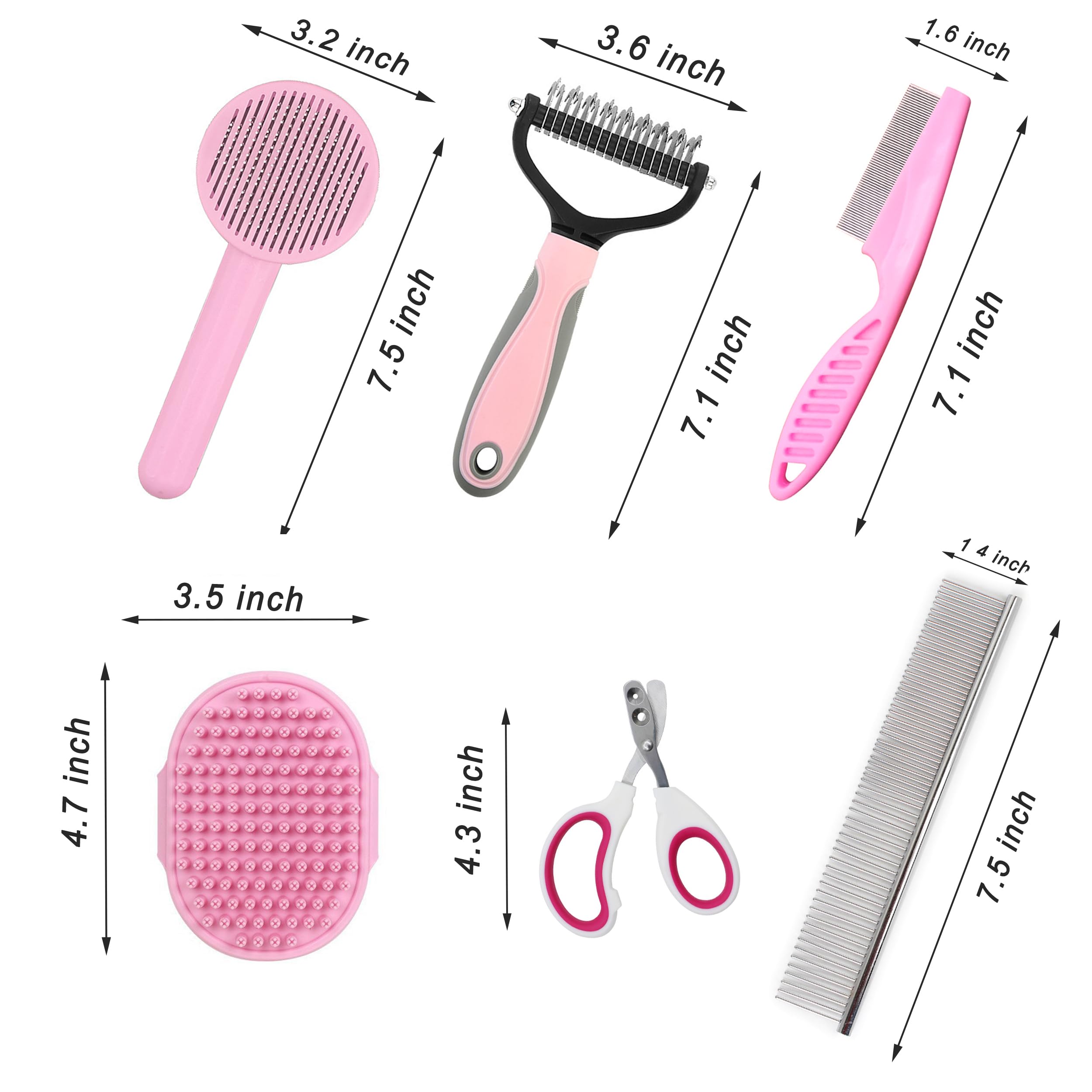 POSAPET Cat Brush Grooming Kit 6pcs - Cat Brushes for indoor Cats Shedding, Dog Brushes Kit for Small Dogs,Cat Brushes for Shedding for Long Haired Cats, Pet Self Cleaning Kit with Flea Comb Set Pink