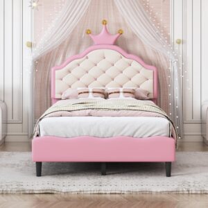 softsea twin upholstered bed with crown headboard, girls princess bed with button tufted headboard, pu leather princess platform bed for kids girls, easy assembly, pink + whitea