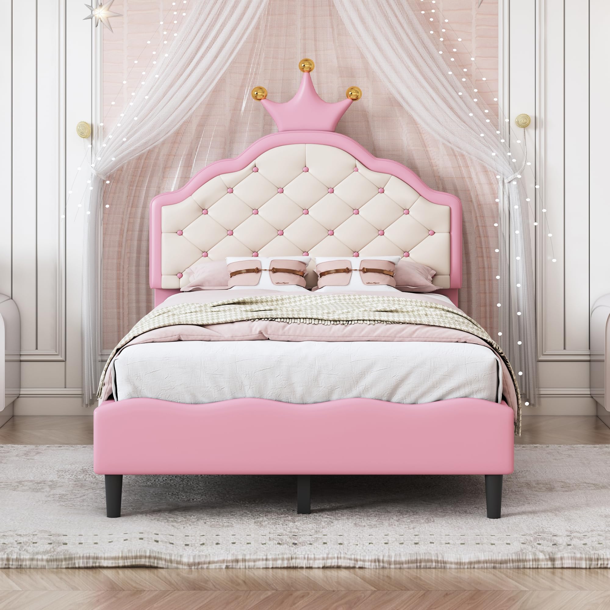 SOFTSEA Twin Upholstered Bed with Crown Headboard, Girls Princess Bed with Button Tufted Headboard, PU Leather Princess Platform Bed for Kids Girls, Easy Assembly, Pink + Whitea