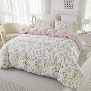 100% cotton pink floral duvet cover full set -green leaf floral duvet cover sets,soft & breathable with zipper closure & corner ties,3pcs garden style bedding set- spring purple red rose flower