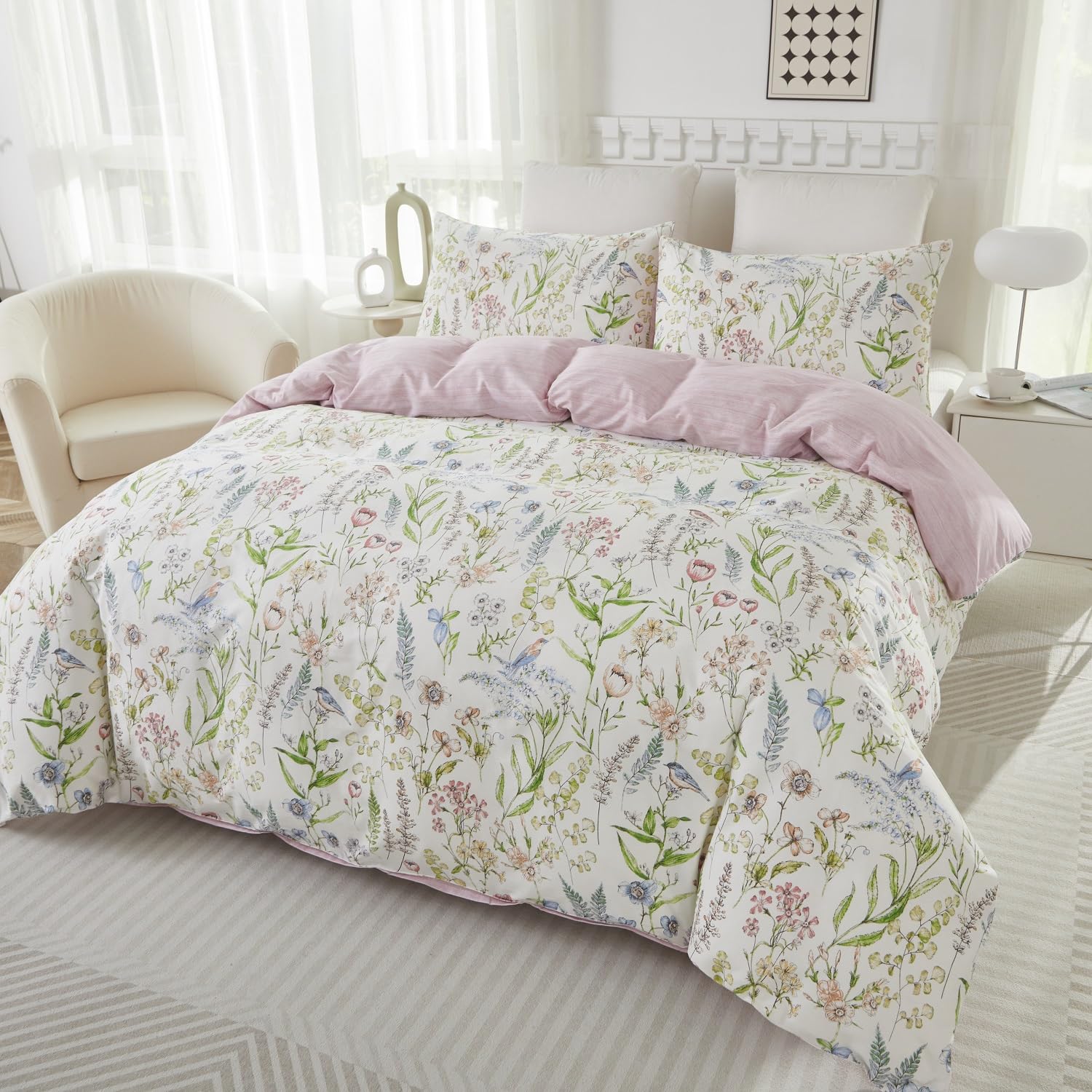 100% Cotton Pink Floral Duvet Cover Full Set -Green Leaf Floral Duvet Cover Sets,Soft & Breathable with Zipper Closure & Corner Ties,3pcs Garden Style Bedding Set- Spring Purple Red Rose Flower