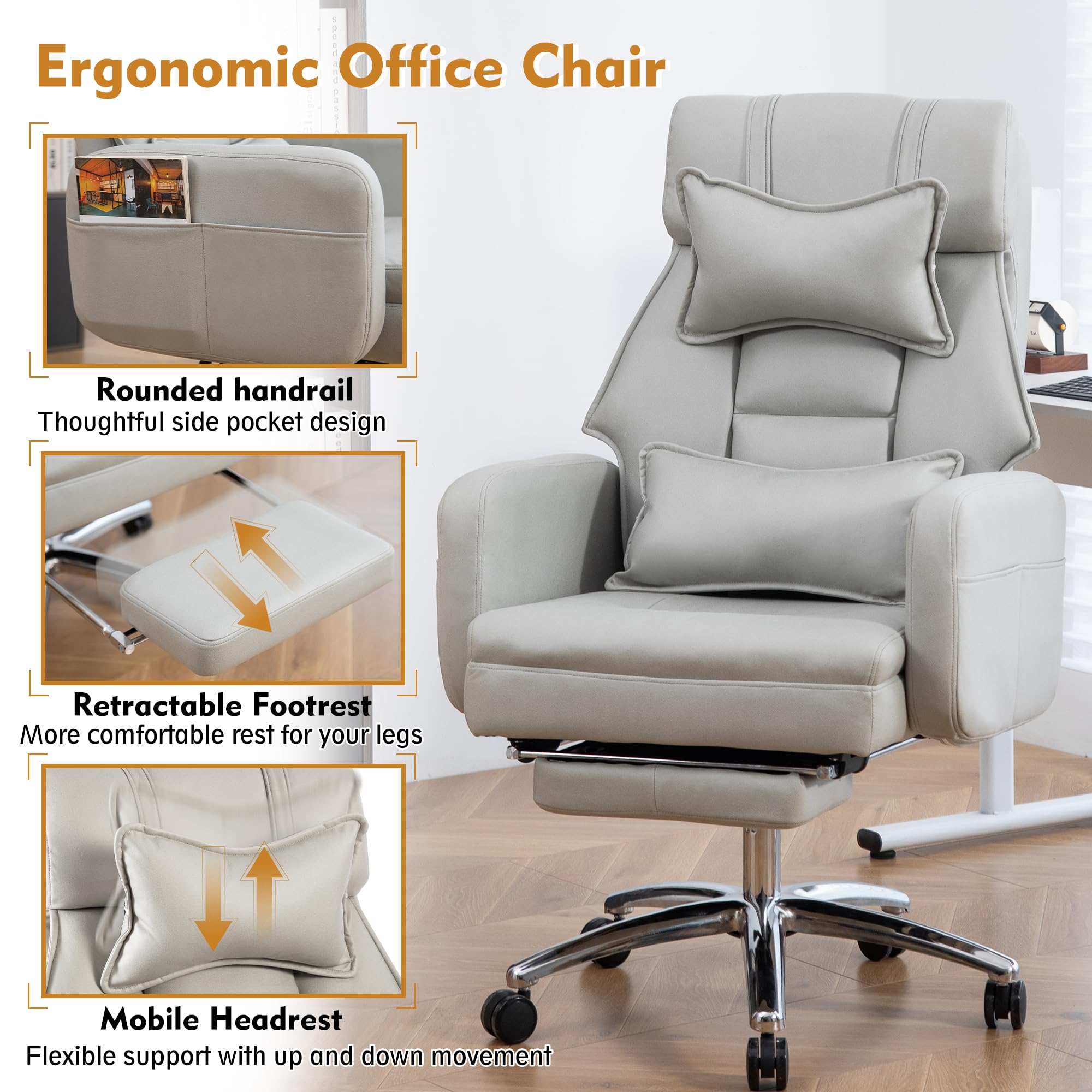 High Back Office Chair -500 LBS Big and Tall Executive Office Chair, Ergonomic Computer Desk Office Chair, Adjustable Lumbar Support, Heavy Duty Metal Base, Armrest Side with 4 Storage Bags,Light Grey