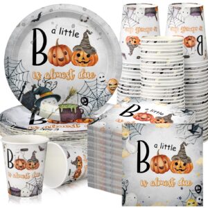 hushee 200 pcs halloween a little boo is almost due baby shower paper plates napkins cups baby shower party supplies tableware set disposable cup napkin for 50 guest party decoration