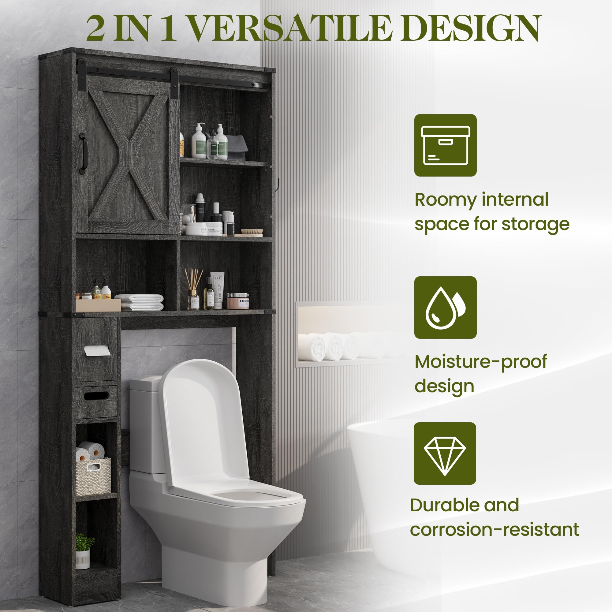 RoyalCraft Over The Toilet Storage Cabinet, Farmhouse Storage Cabinet Over Toilet with Sliding Barn Door, Home Space-Saving Toilet Rack, Behind Toilet Bathroom Organizer for Bathroom, Dark Grey