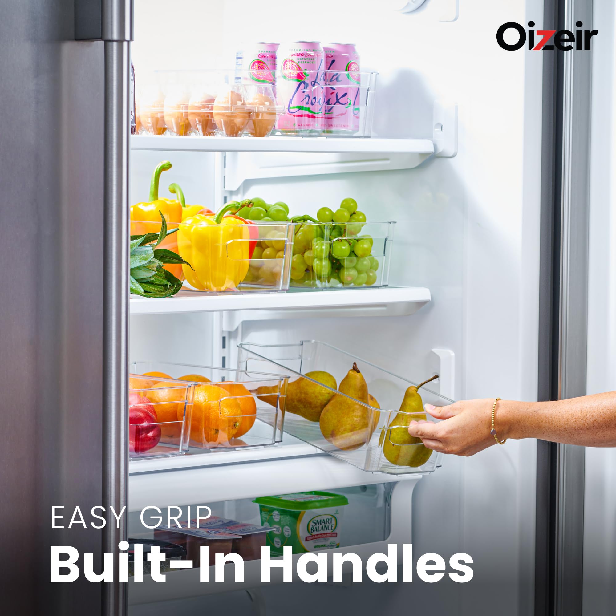 OIZEIR 8 Pack Clear Plastic Fridge Organizer Bins – Stackable Refrigerator & Pantry Storage Bins with Handles for Snacks, Freezer, Kitchen Cupboard, and Cabinet Organization